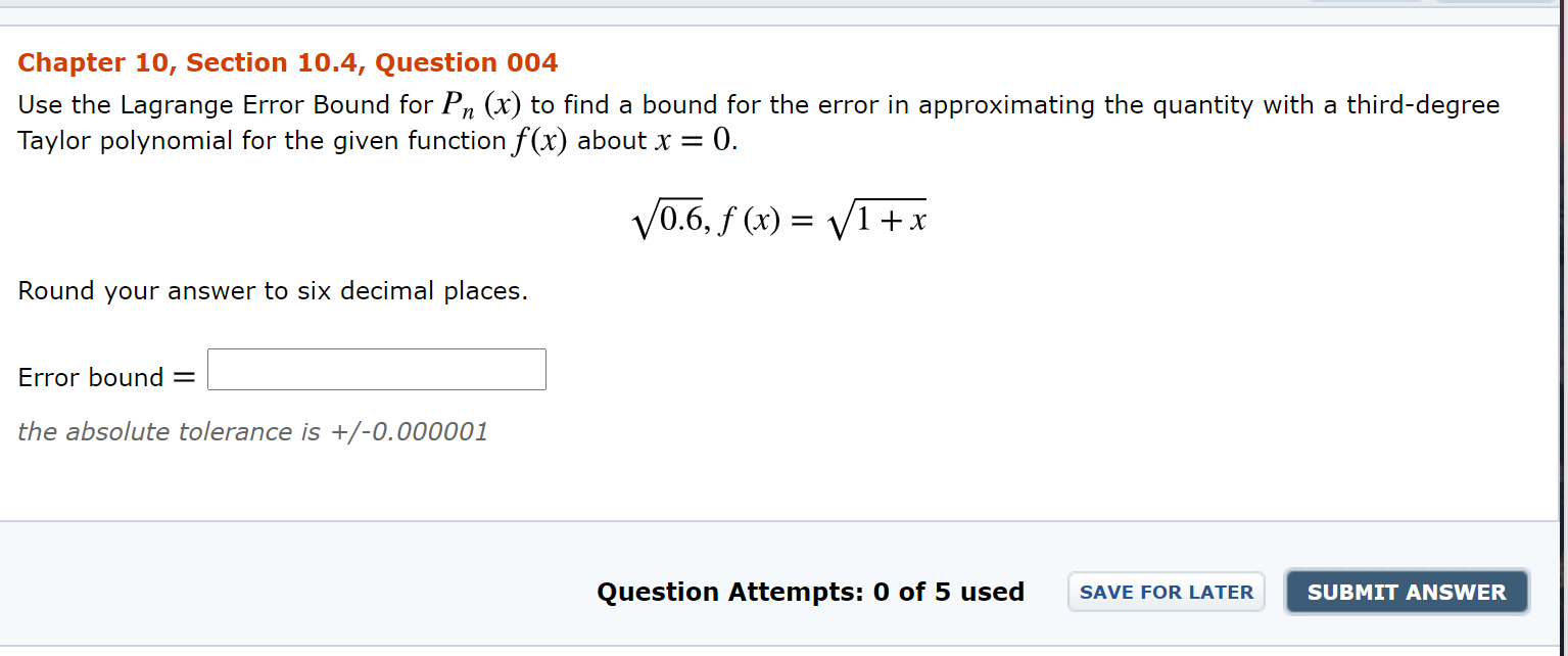 Solved Use the Lagrange Error Bound for Pn(x) to find a | Chegg.com