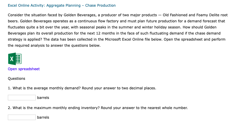 Solved Excel Online Activity: Aggregate Planning - Chase | Chegg.com