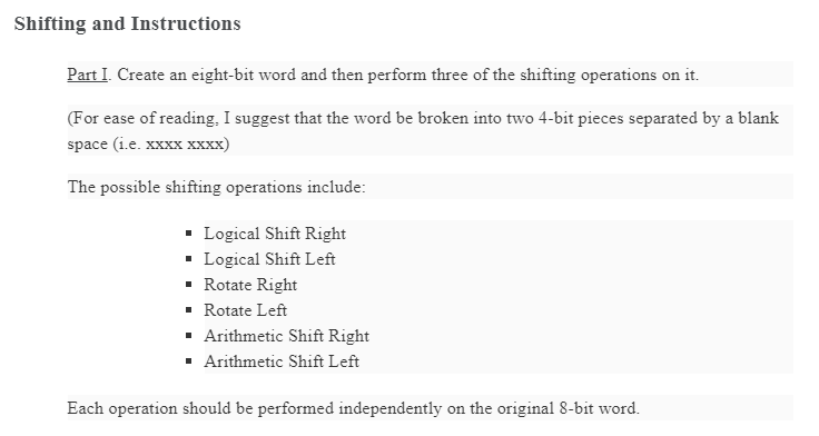 Solved Shifting and Instructions Part I Create an eight-bit | Chegg.com