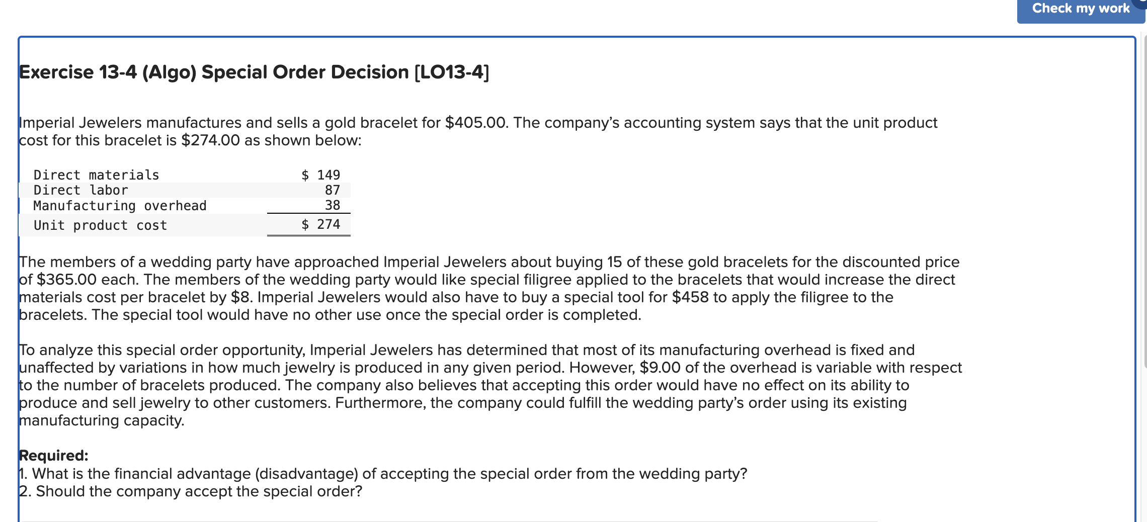 Solved Exercise 13-4 (Algo) ﻿Special Order Decision | Chegg.com