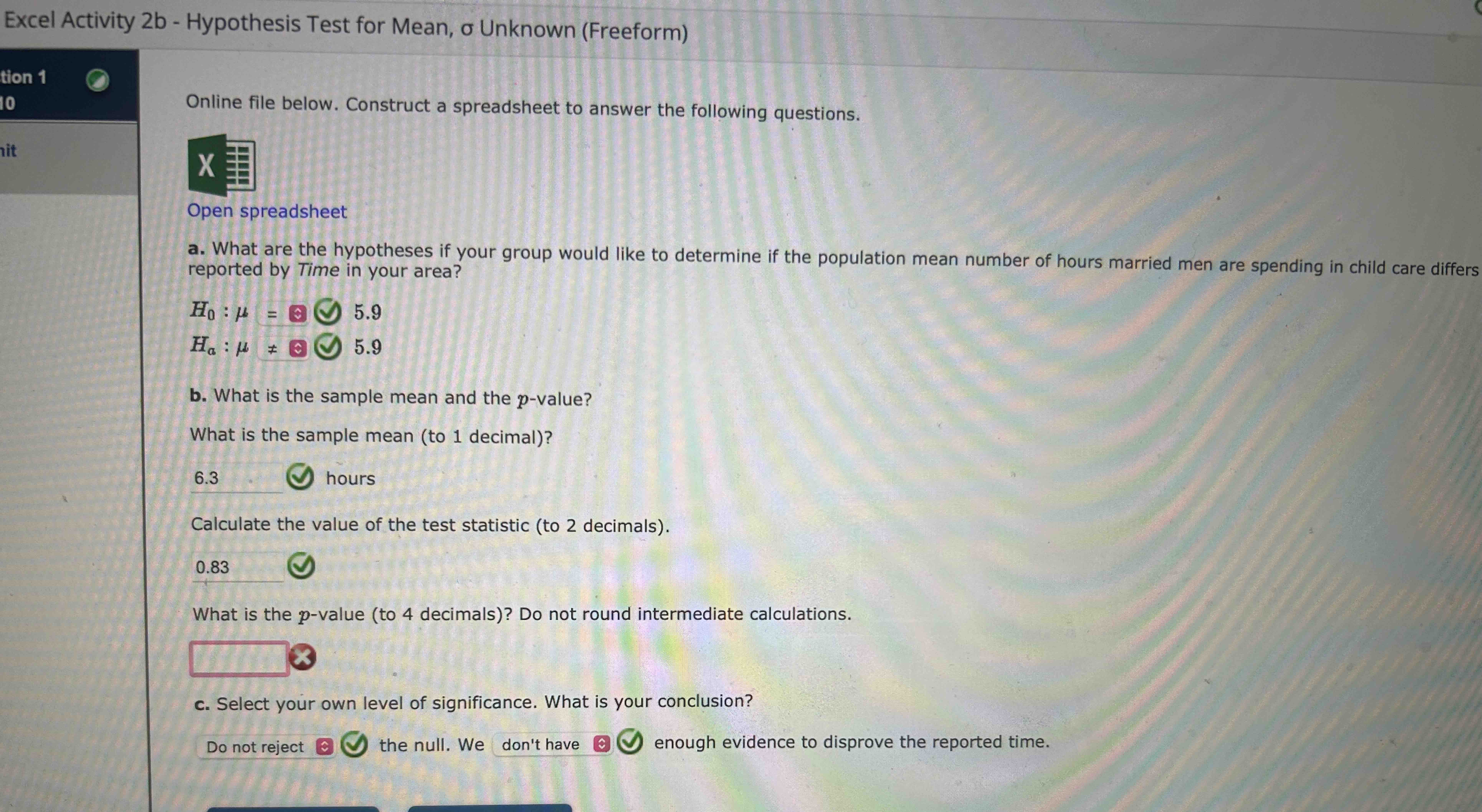 Excel Activity 2b - ﻿Hypothesis Test for Mean, o | Chegg.com