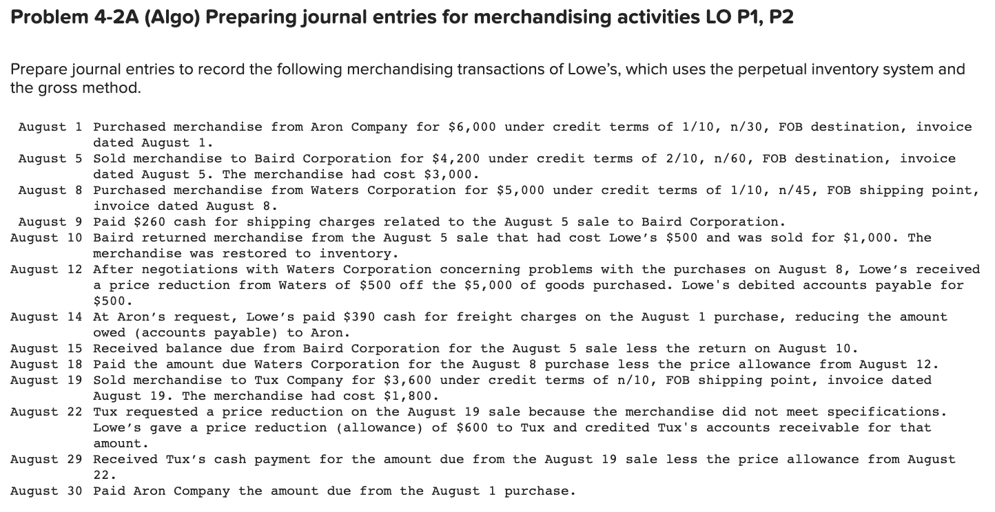 Solved Problem 4-2A (Algo) Preparing journal entries for | Chegg.com