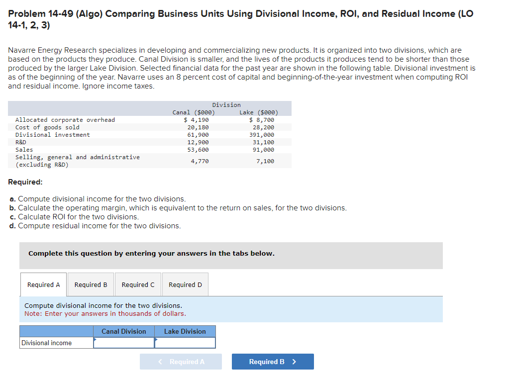 Solved Problem 14-49 (Algo) Comparing Business Units Using | Chegg.com