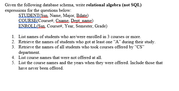 Solved Given the following database schema, write relational | Chegg.com