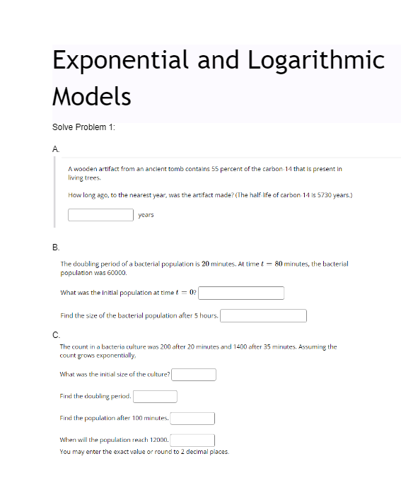 Solved Exponential and Logarithmic Models Solve Problem 1: | Chegg.com