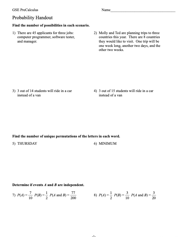 Solved GSE PreCalculus Name Probability Handout Find the | Chegg.com