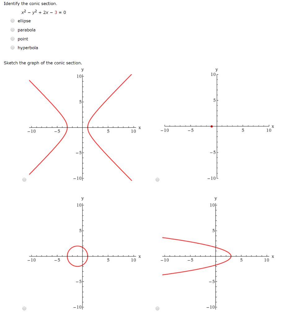 Solved Identify the conic section. x2 - y2 + 2x - 3 = 0 | Chegg.com