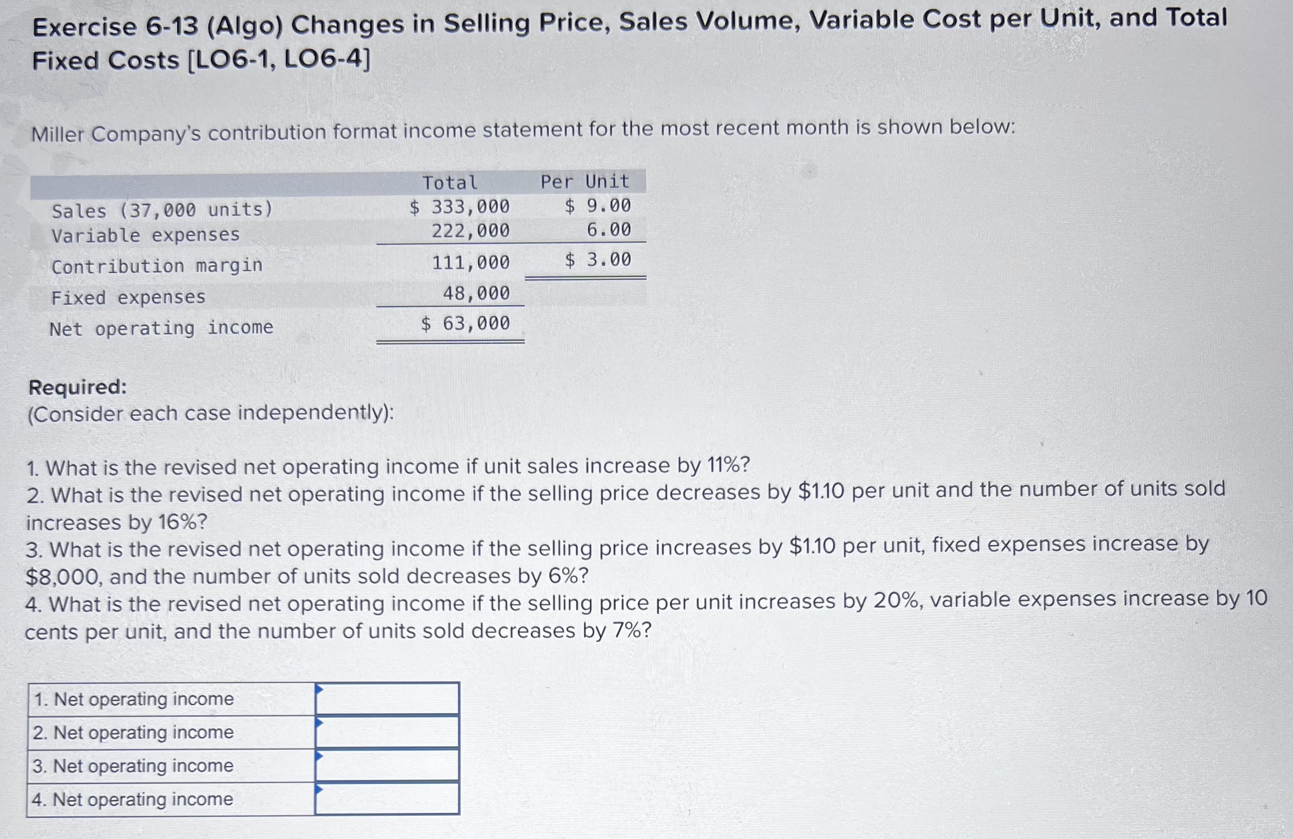 Solved Exercise 6-13 (Algo) Changes in Selling Price, Sales | Chegg.com
