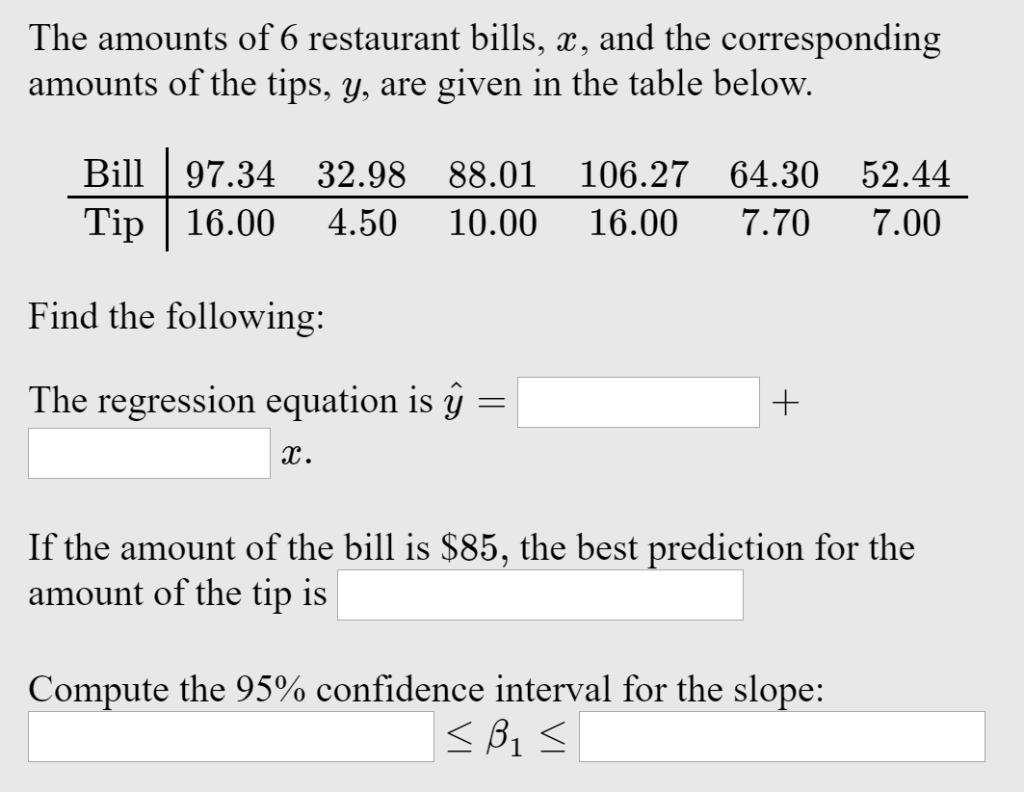 Solved The amounts of 6 restaurant bills, r, and the | Chegg.com