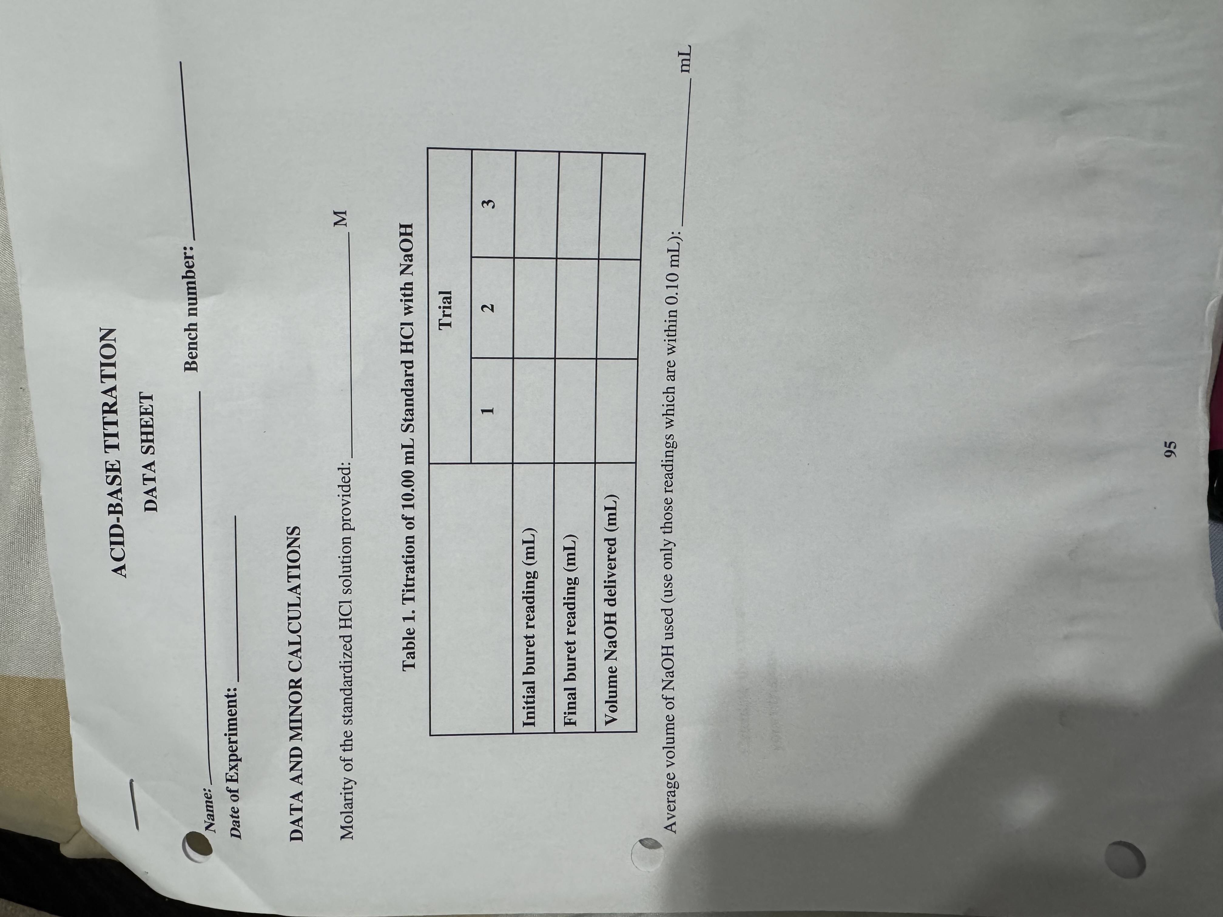 ACID-BASE TITRATION DATA SHEET Name: Date of | Chegg.com