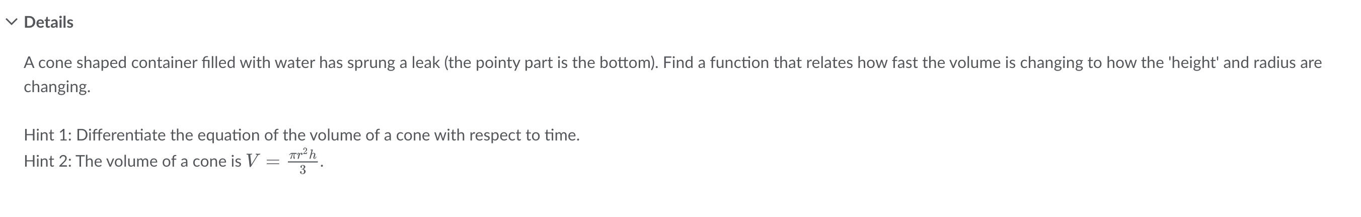 Solved A cone shaped container filled with water has sprung | Chegg.com
