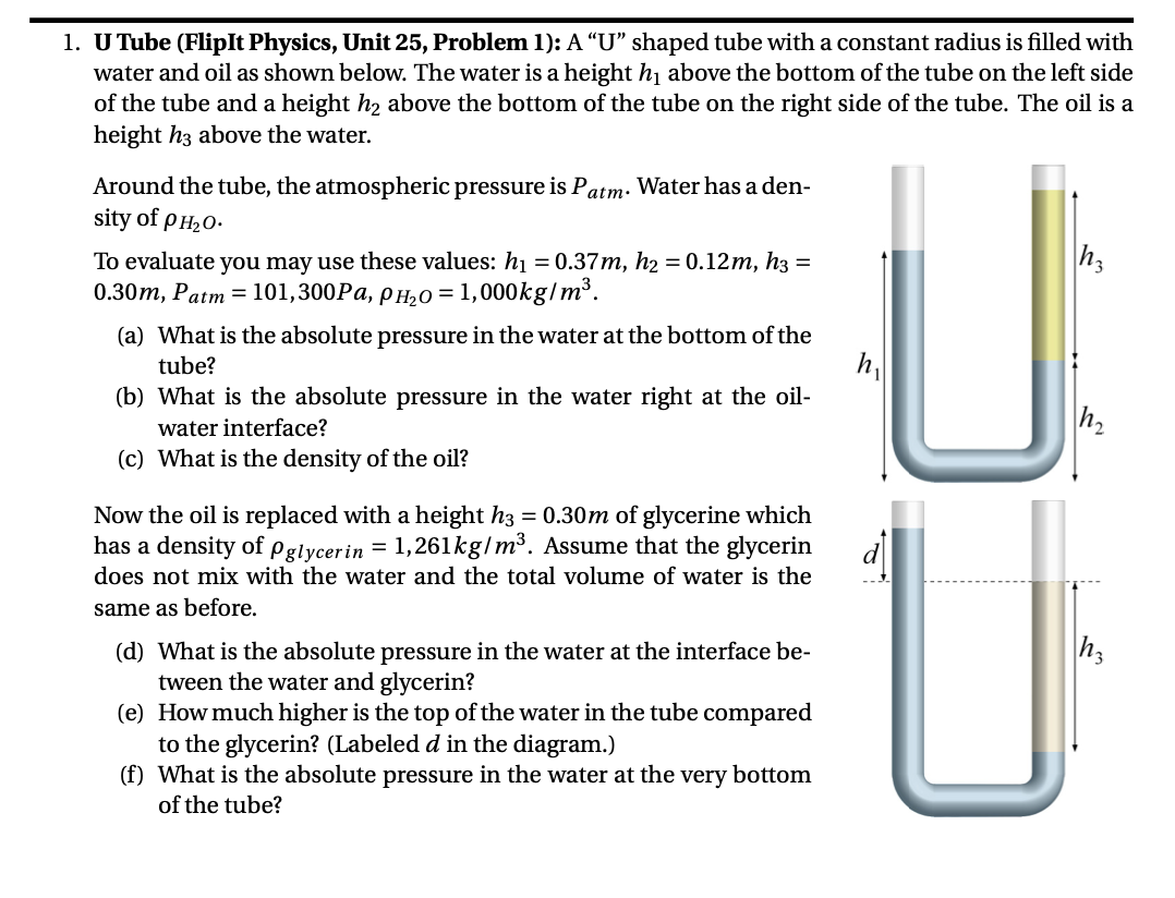 Solved 1. U Tube (FlipIt Physics, Unit 25, Problem 1): A “U” | Chegg.com