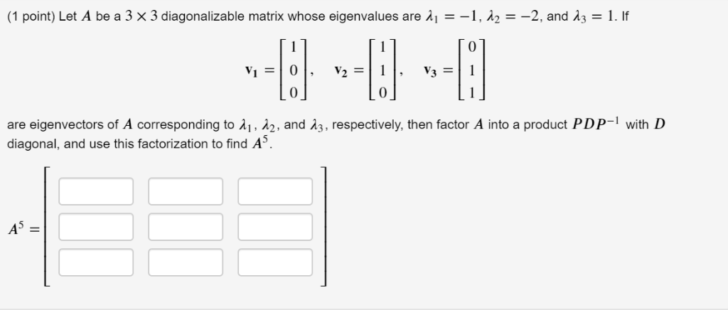 Solved (1 point) Let A be a 3 x 3 diagonalizable matrix | Chegg.com