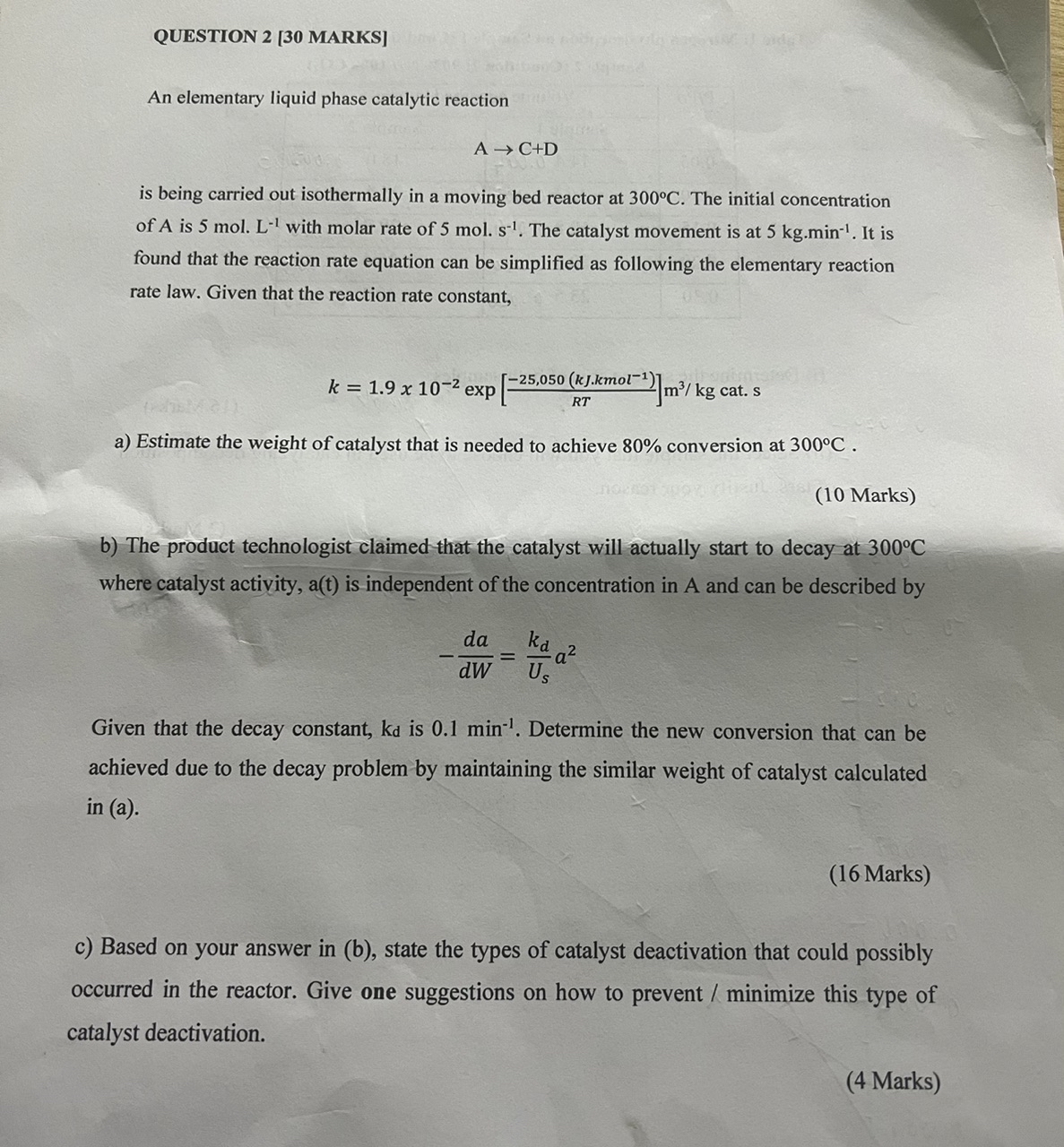 Solved QUESTION 2 [30 ﻿MARKS]An ﻿elementary liquid phase | Chegg.com