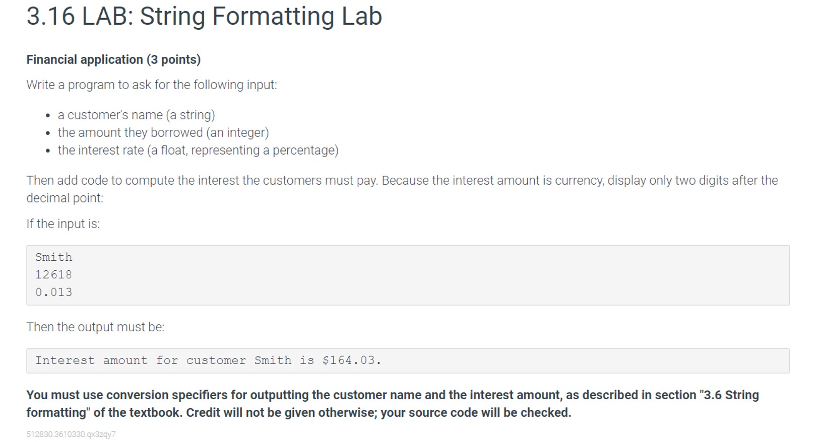 Solved 3.16 ﻿LAB: String Formatting LabFinancial application | Chegg.com