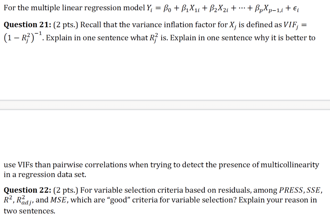 For the multiple linear regression model Yį = Bo | Chegg.com