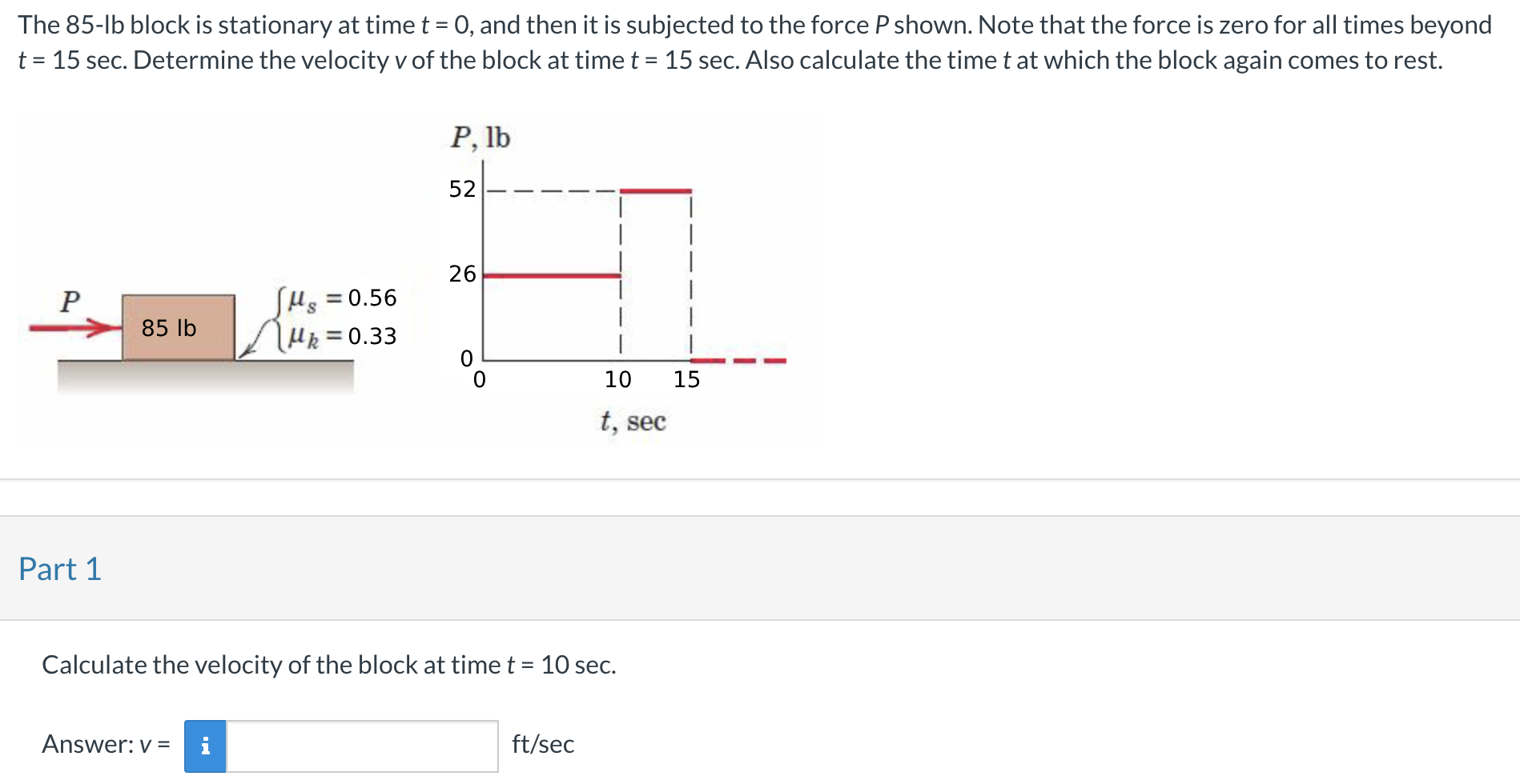 Solved The 85−lb block is stationary at time t=0, and then | Chegg.com