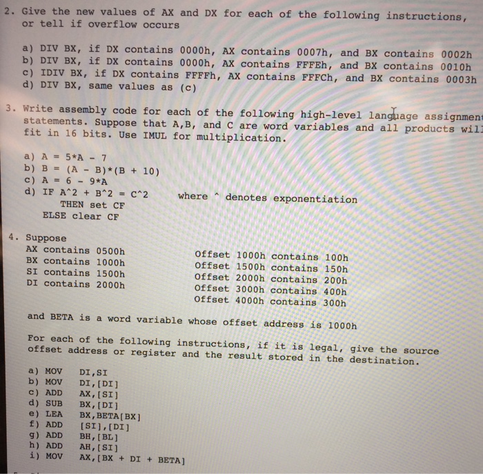 Solved 2. Give the new values of AX and DX for each of the | Chegg.com