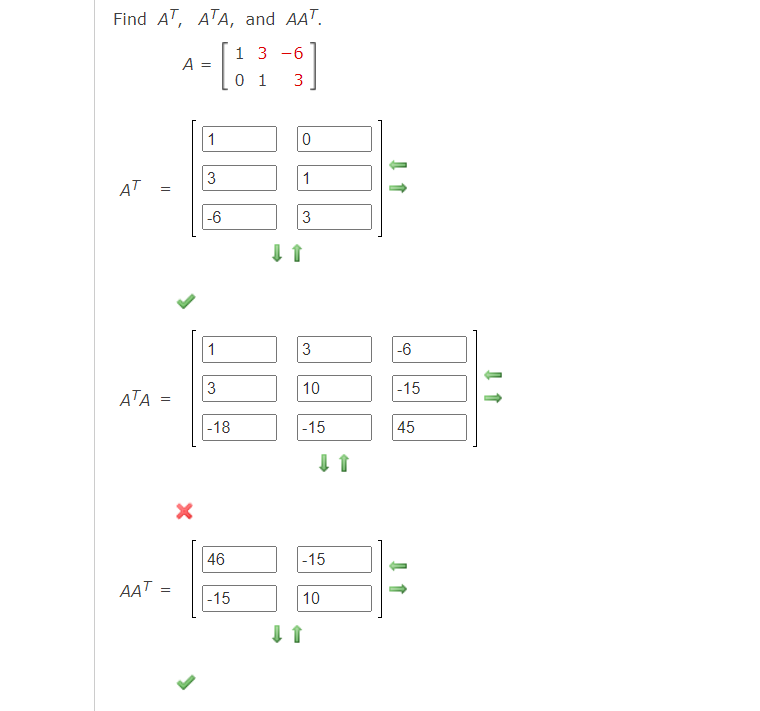Solved Find AT, ATA, and AAT. 1 3-6 A = 0 1 3 AT ΑΤΑ AAT = = | Chegg.com