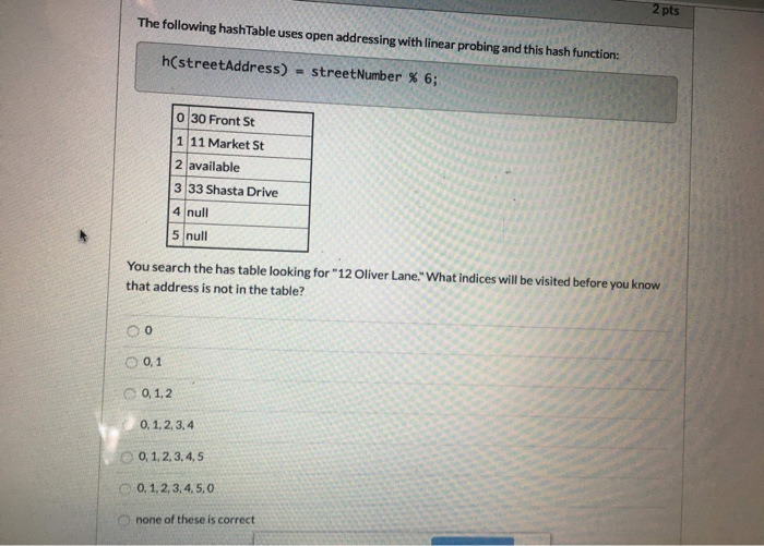 Solved 2 pts The following hashTable uses open addressing | Chegg.com