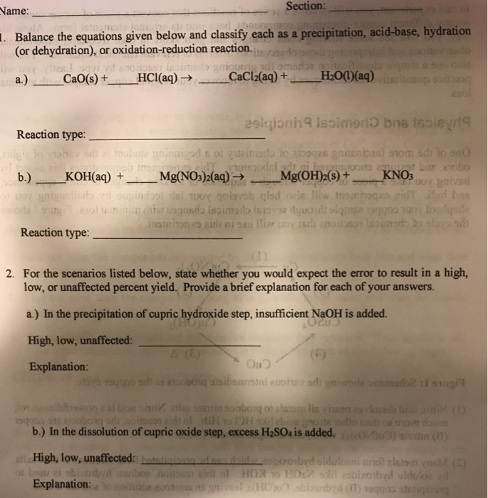 Solved Section: Name Balance the equations given below and | Chegg.com