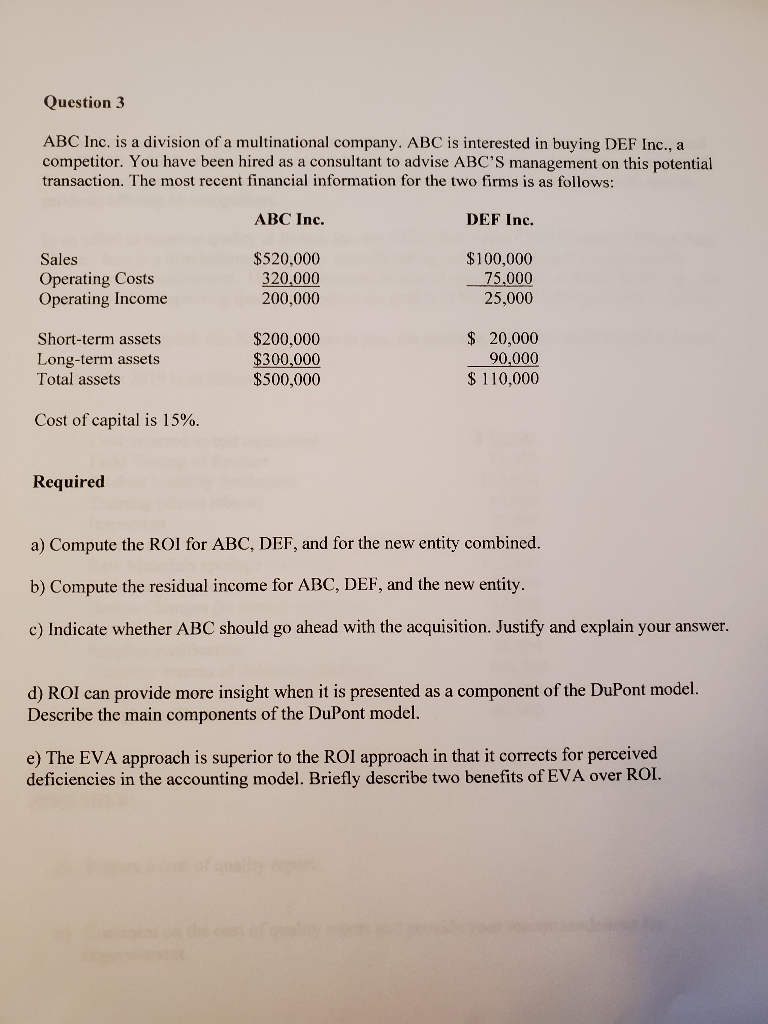 Solved Question 3 ABC Inc. is a division of a multinational | Chegg.com