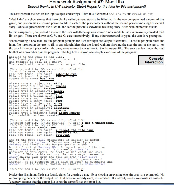 Homework Assignment #7: Mad Libs Special thanks to UW | Chegg.com