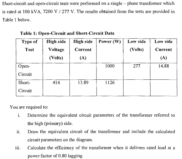 Solved Short-circuit and open-circuit tests were performed | Chegg.com