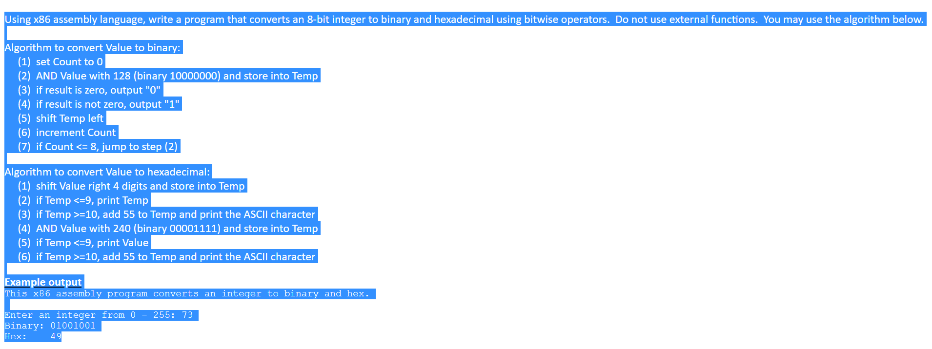 Using X86 assembly language, write a program that | Chegg.com
