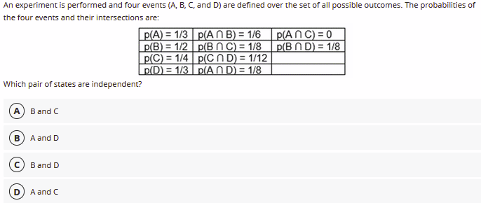 Solved An experiment is performed and four events (A,B,C, | Chegg.com