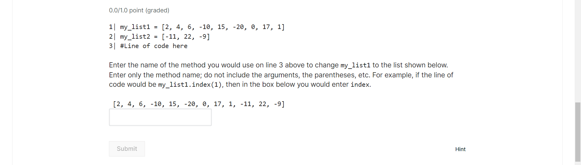 Solved 0.0/1.0 point (graded) 1| my_list1 | Chegg.com