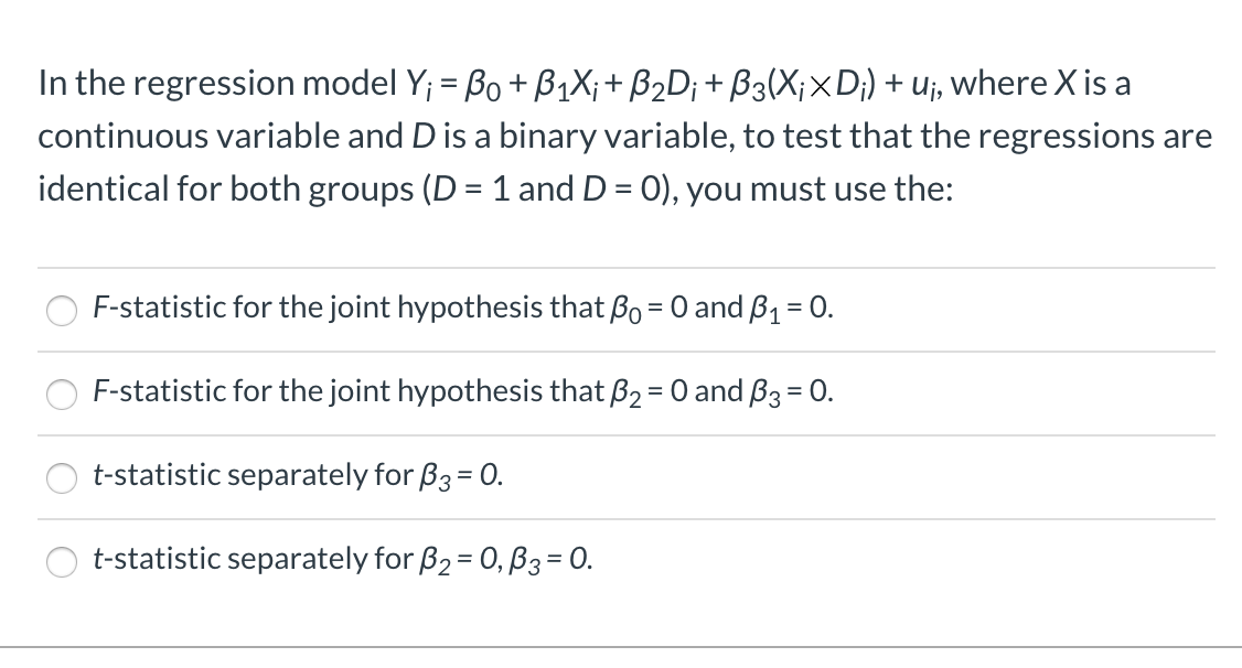 Solved In the regression model Y; = Bo+B1X; + B2D; + | Chegg.com