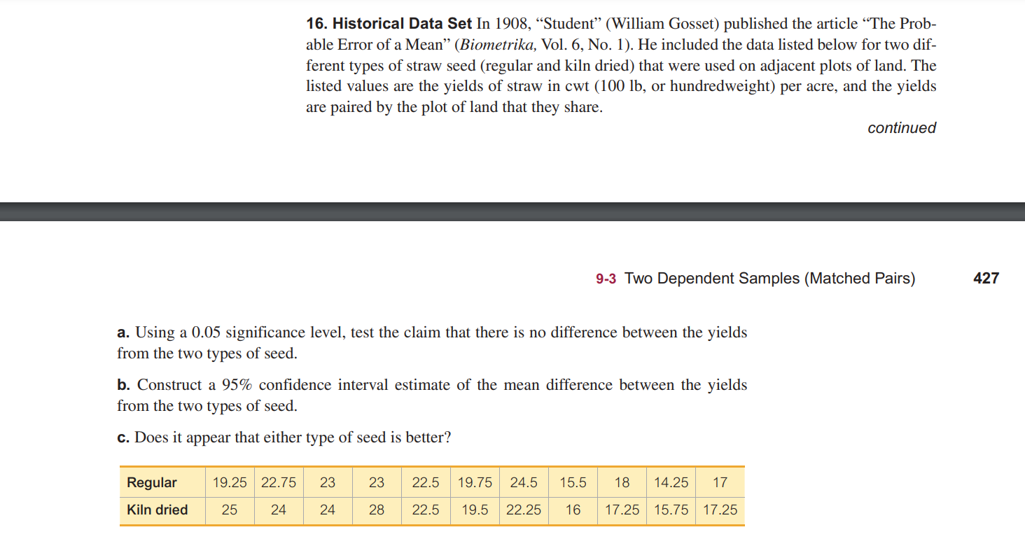 Solved 16. Historical Data Set In 1908, "Student" (William | Chegg.com