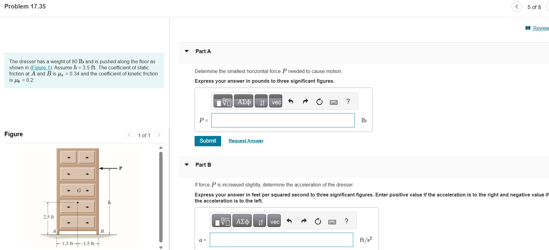 Solved Problem 17.35 5 of 8 The dresser has a weight of 80lb | Chegg.com