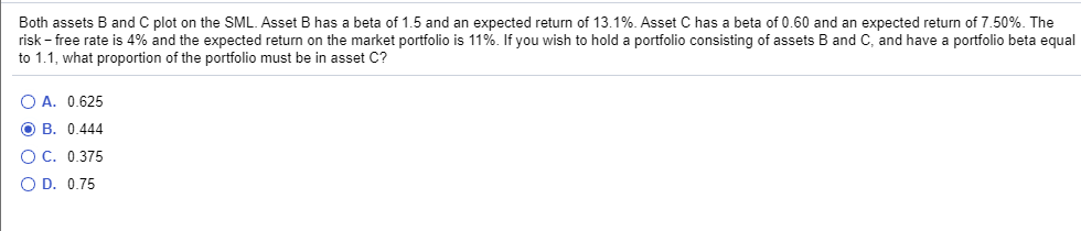 Solved Both Assets B And C Plot On The Sml Asset B Has A