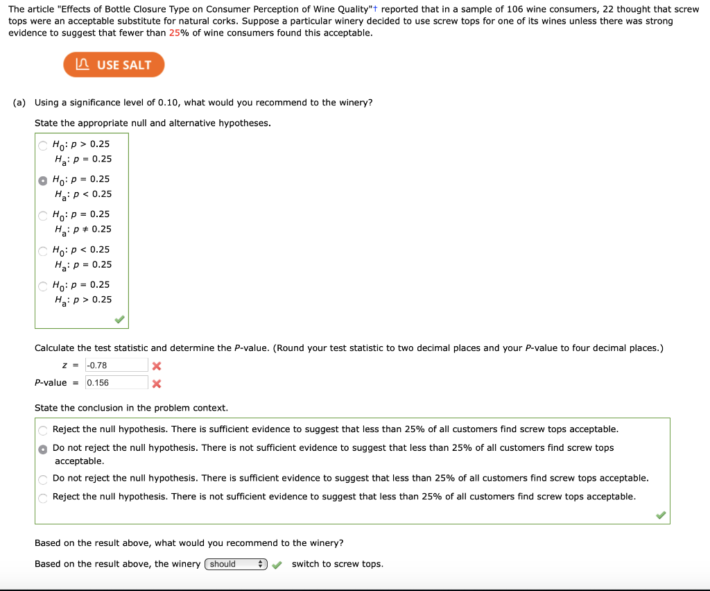 Solved The article "Effects of Bottle Closure Type on | Chegg.com