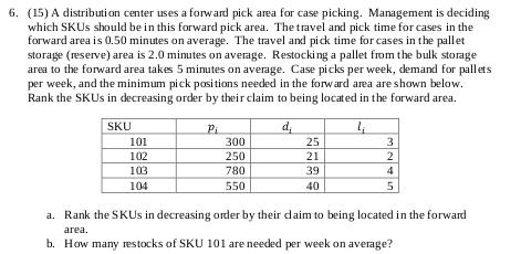 6. (15) A distribution center uses a forward pick | Chegg.com