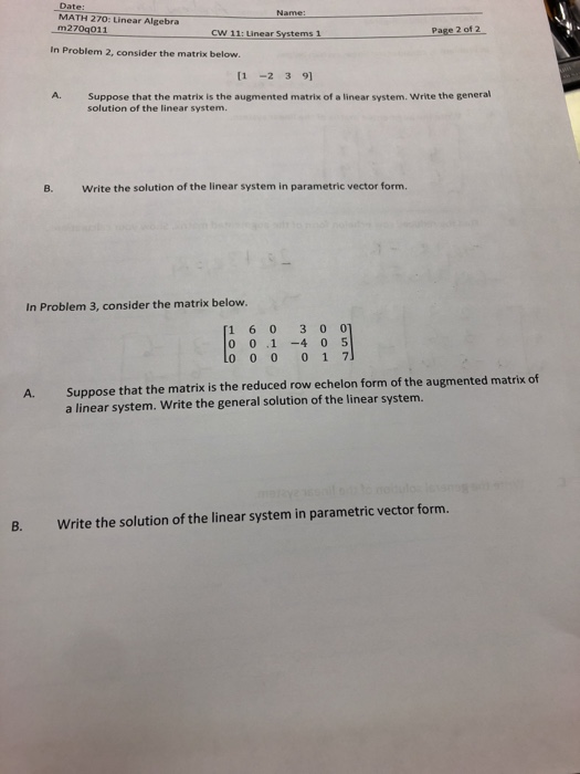 Solved Date: MATH 270: Linear Algebra m270q011 Name: Page 2 | Chegg.com