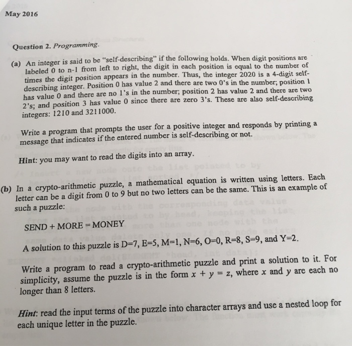 Solved May 2016 Question 2. Programming (a) An integer is | Chegg.com