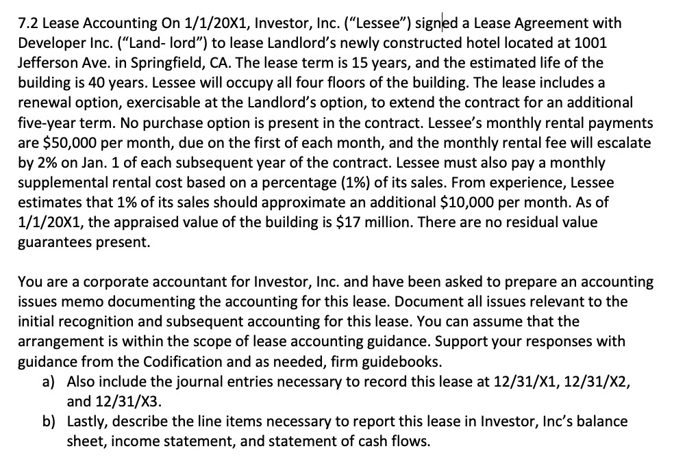 Solved 7.2 ﻿Lease Accounting On 1/1/20X1, ﻿Investor, Inc. | Chegg.com