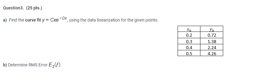 Solved Question3. (25 pts.) a) Find the curve fit y = | Chegg.com Solved Question3. (25 pts.) a) Find the curve fit y = | Chegg.com