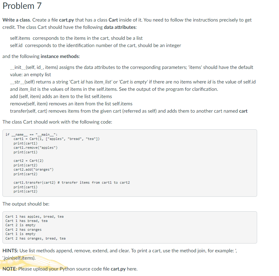 Solved Problem 7 Write a class. Create a file cart.py that | Chegg.com
