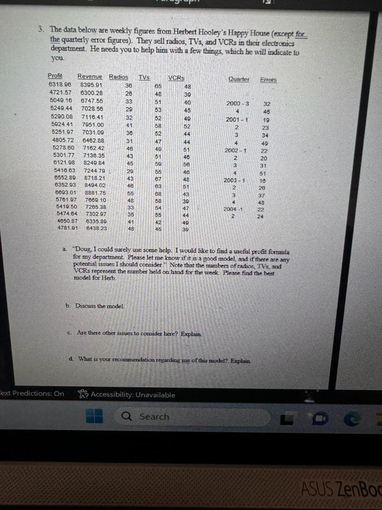 Solved 3. The data below are weekly figures from Herbert | Chegg.com