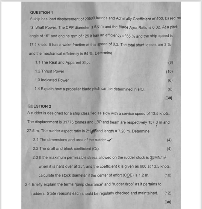 Solved QUESTION 1A ship has load displacement of 20500 | Chegg.com