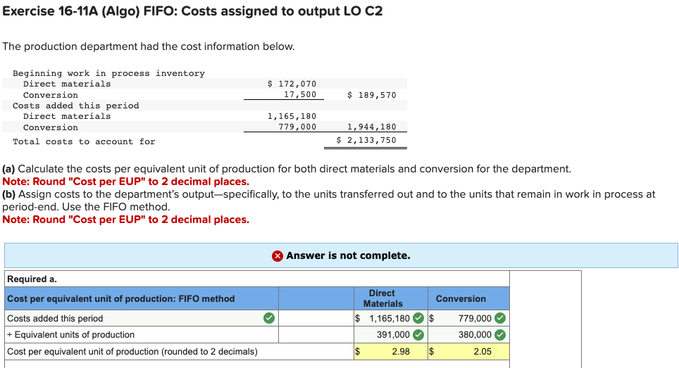 Solved Exercise 16-11A (Algo) FIFO: Costs assigned to output | Chegg.com