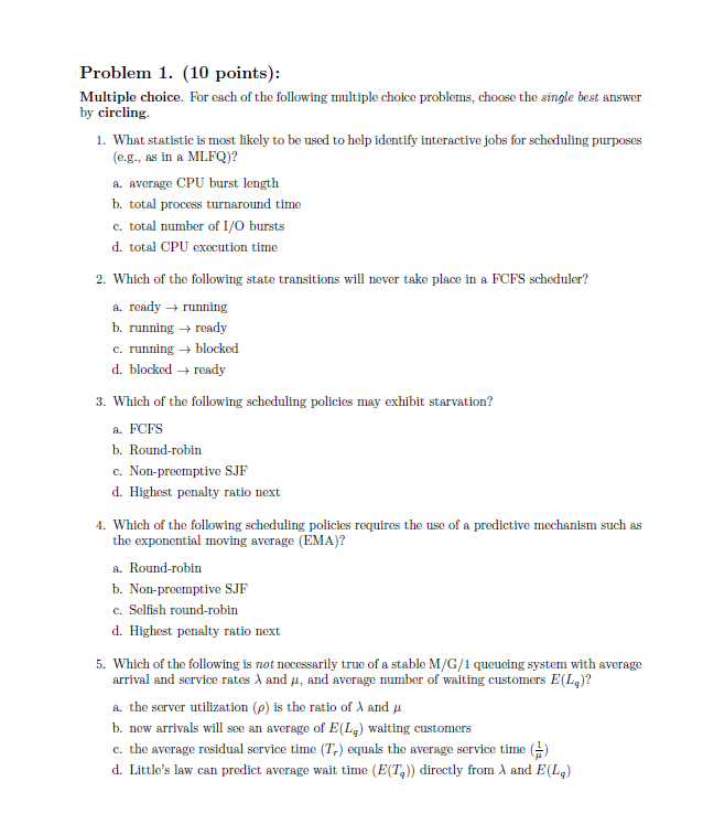 Solved Problem 1. (10 points): Multiple choice. For each of | Chegg.com