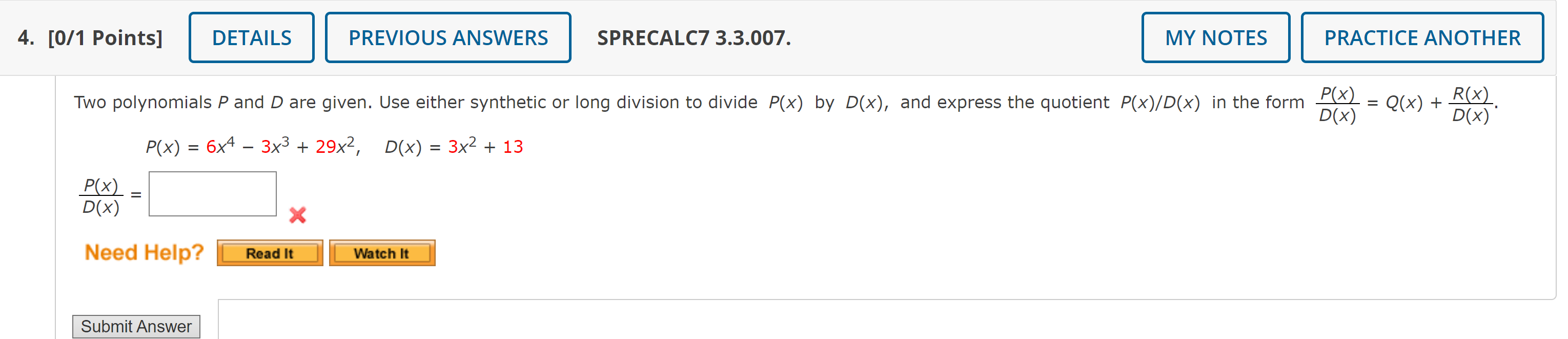 Solved [0/1 Points] SPRECALC7 3.3.007. Two polynomials P and | Chegg.com