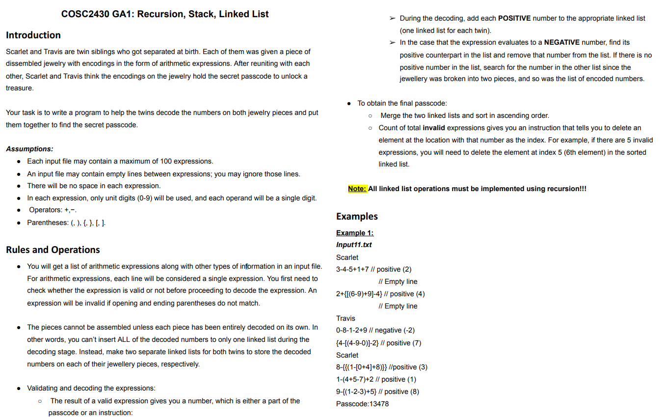 COSC2430 GA1: Recursion, Stack, Linked List | Chegg.com
