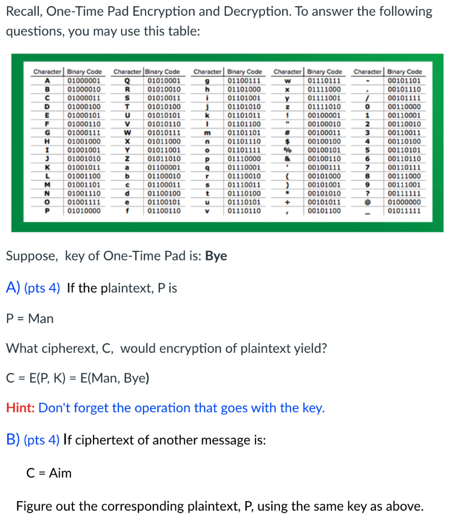 Solved Recall, One-Time Pad Encryption and Decryption. To | Chegg.com