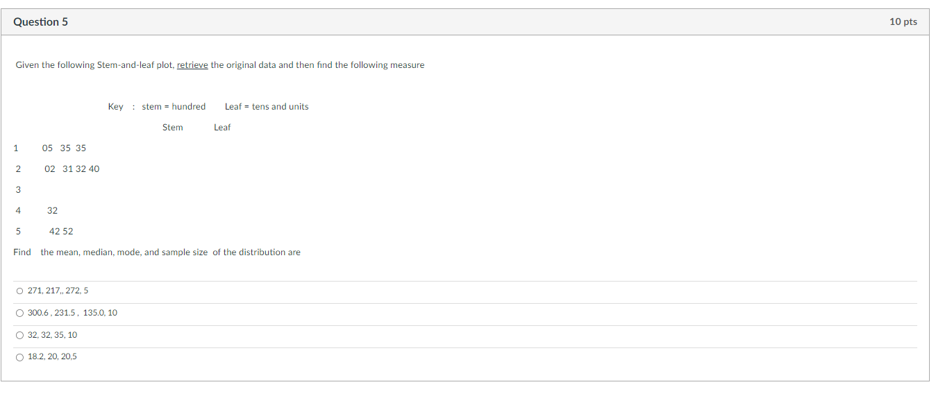 Solved Given the following Stem-and-leaf plot, retrieve the | Chegg.com